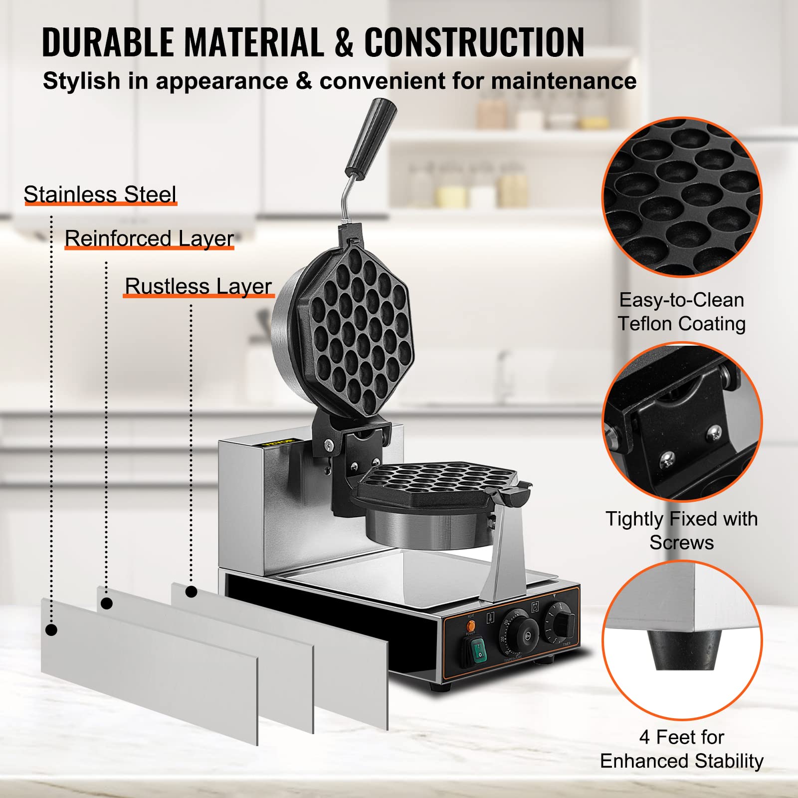 VEVOR Commercial Bubble Waffle Maker, 1200W, Hexagonal Egg Bubble Puff ...