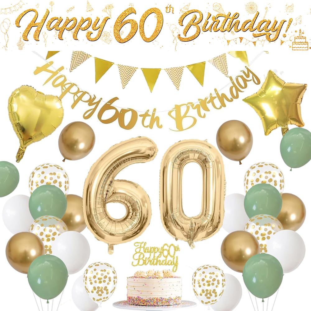 33pcs 60th Birthday Decorations For Men Women Sage Green White ...