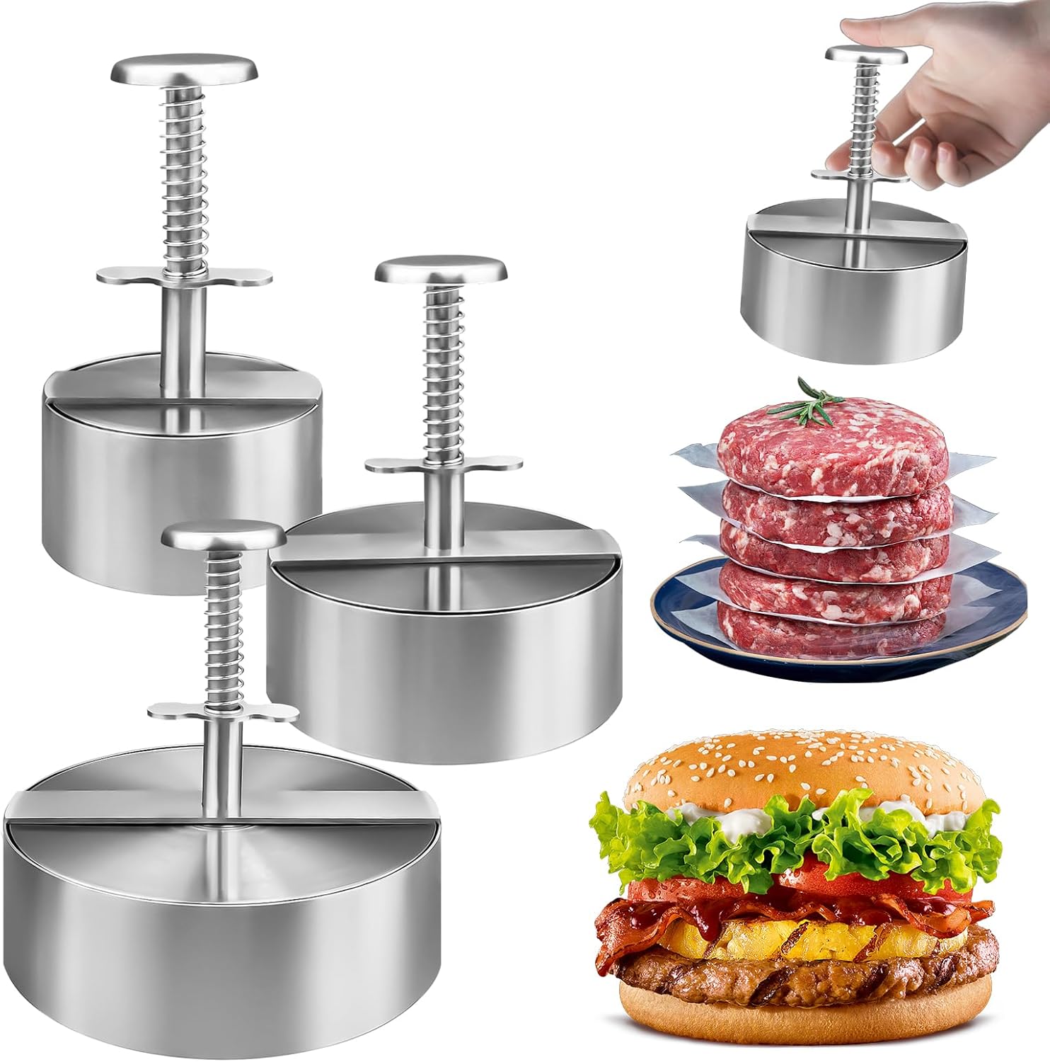 3 Pack Stainless Steel Burger Press, Adjustable Hamburger Patty Maker ...