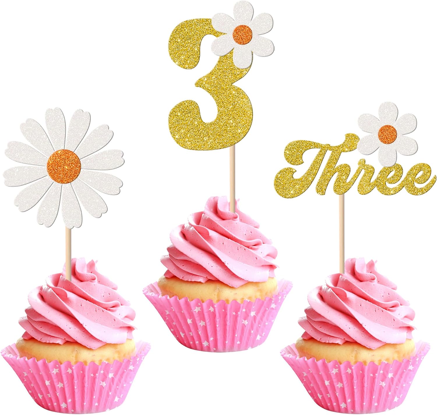 Amazon.com: 24 Pack 3rd Birthday Daisy Cupcake Toppers Glitter Three ...