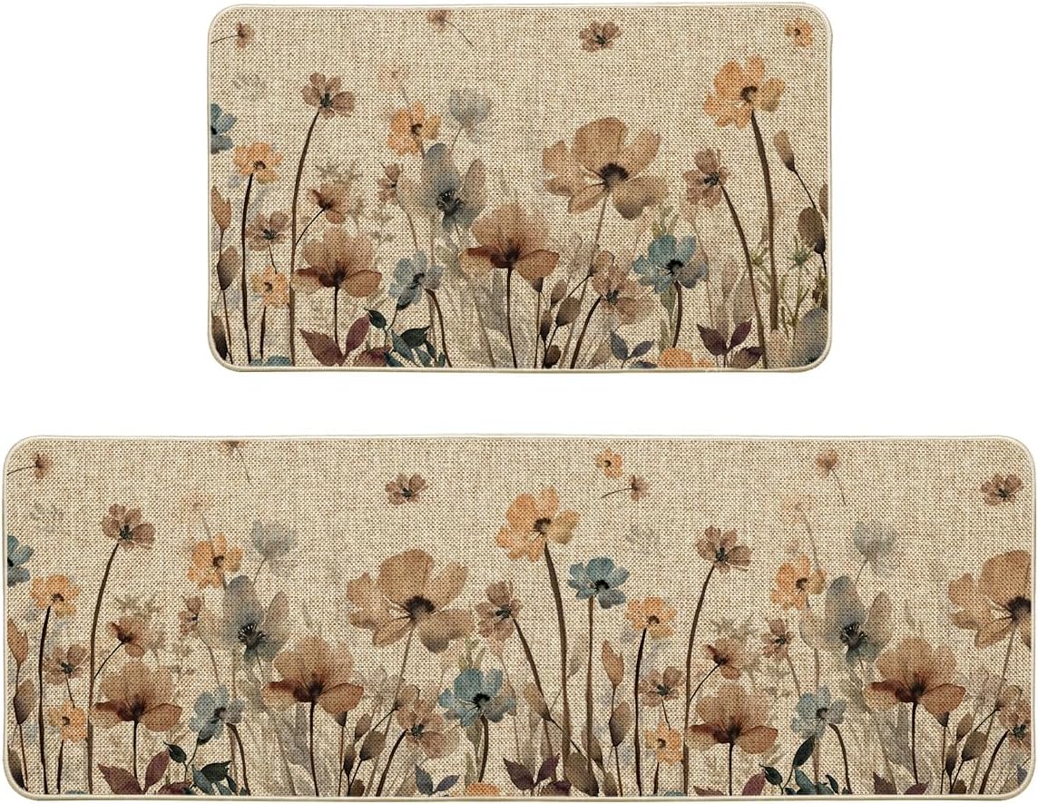 Amazon.com: Artoid Mode Brown Poppy Floral Leaves Spring Kitchen Mats ...