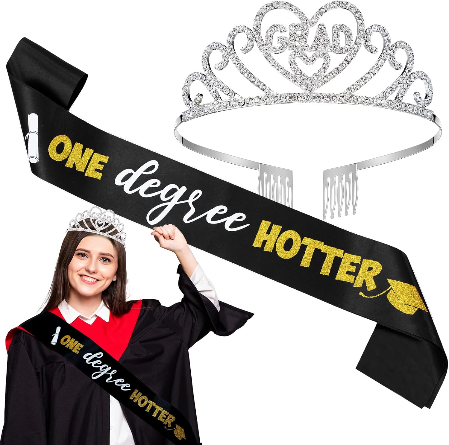 Amazon.com: Hoteam 2 Pcs Graduation Crown and Sash Set One Degree ...