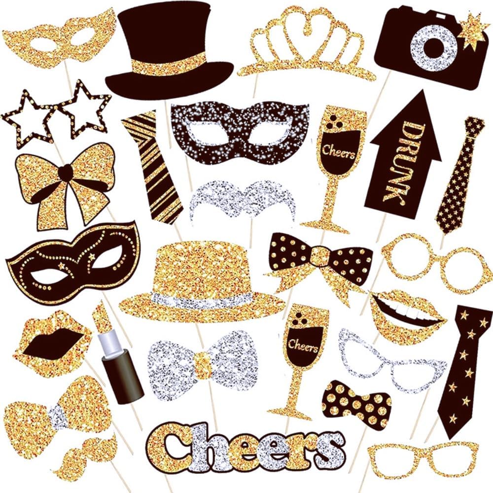 Amazon.com: JIALWSJWAN 30pcs Photo Booth Props Set - Black Gold Party ...