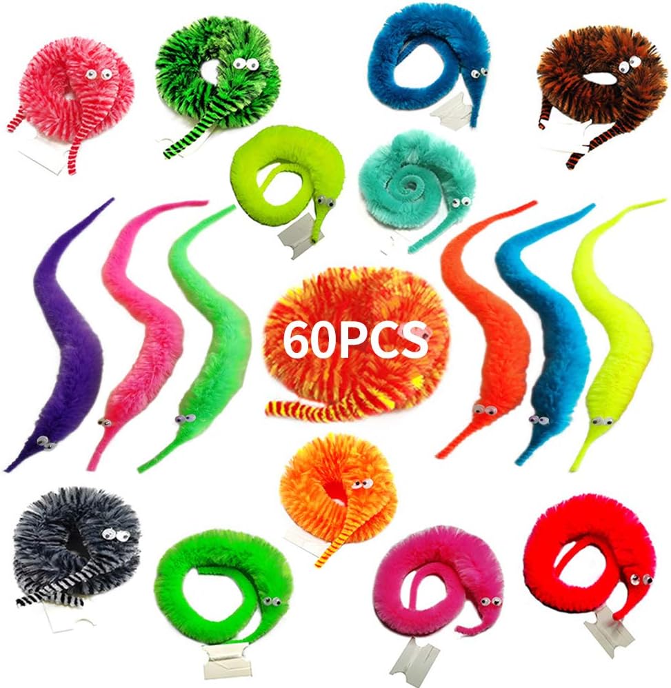 SHENGSEN 60 Pack Fuzzy Worm Toys String Pets Fuzzy Worms On String Bulk ...