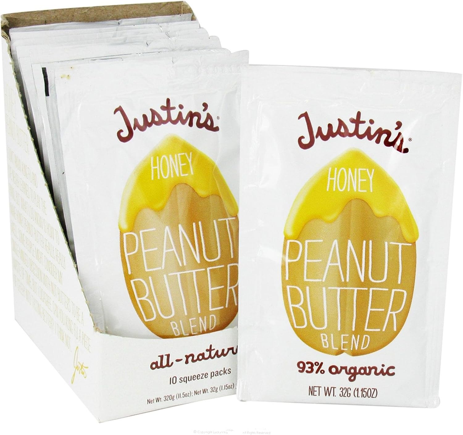 Justin's Nut Butter, Honey Peanut Butter Blend, 10 Squeeze Packs, 1.15 ...