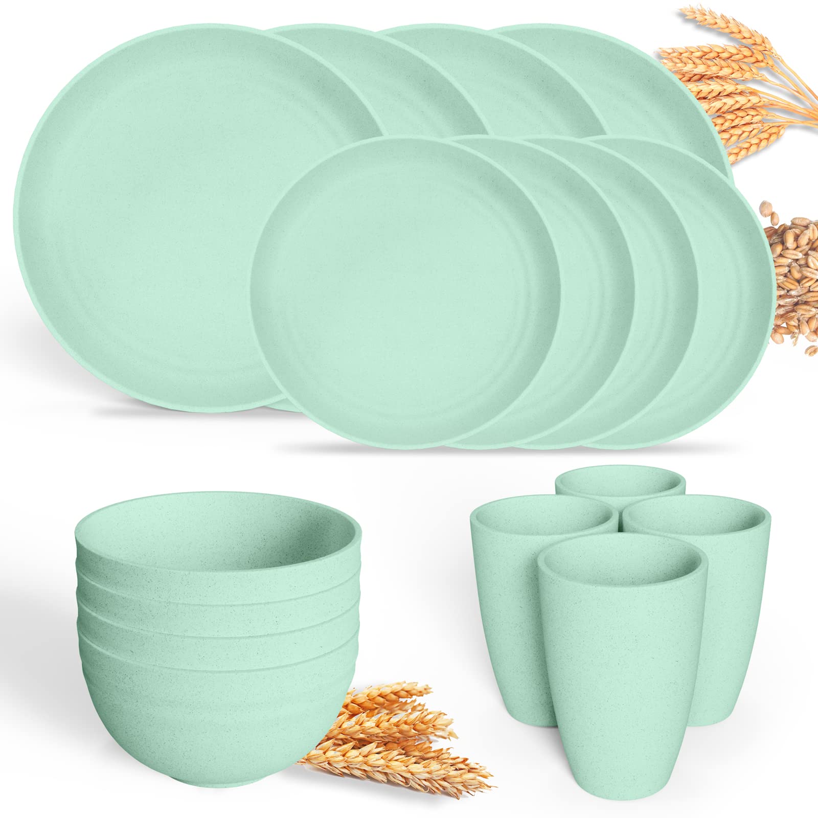KEWOO Unbreakable Wheat Straw Dinnerware Sets of 4, 16Pcs Reusable ...