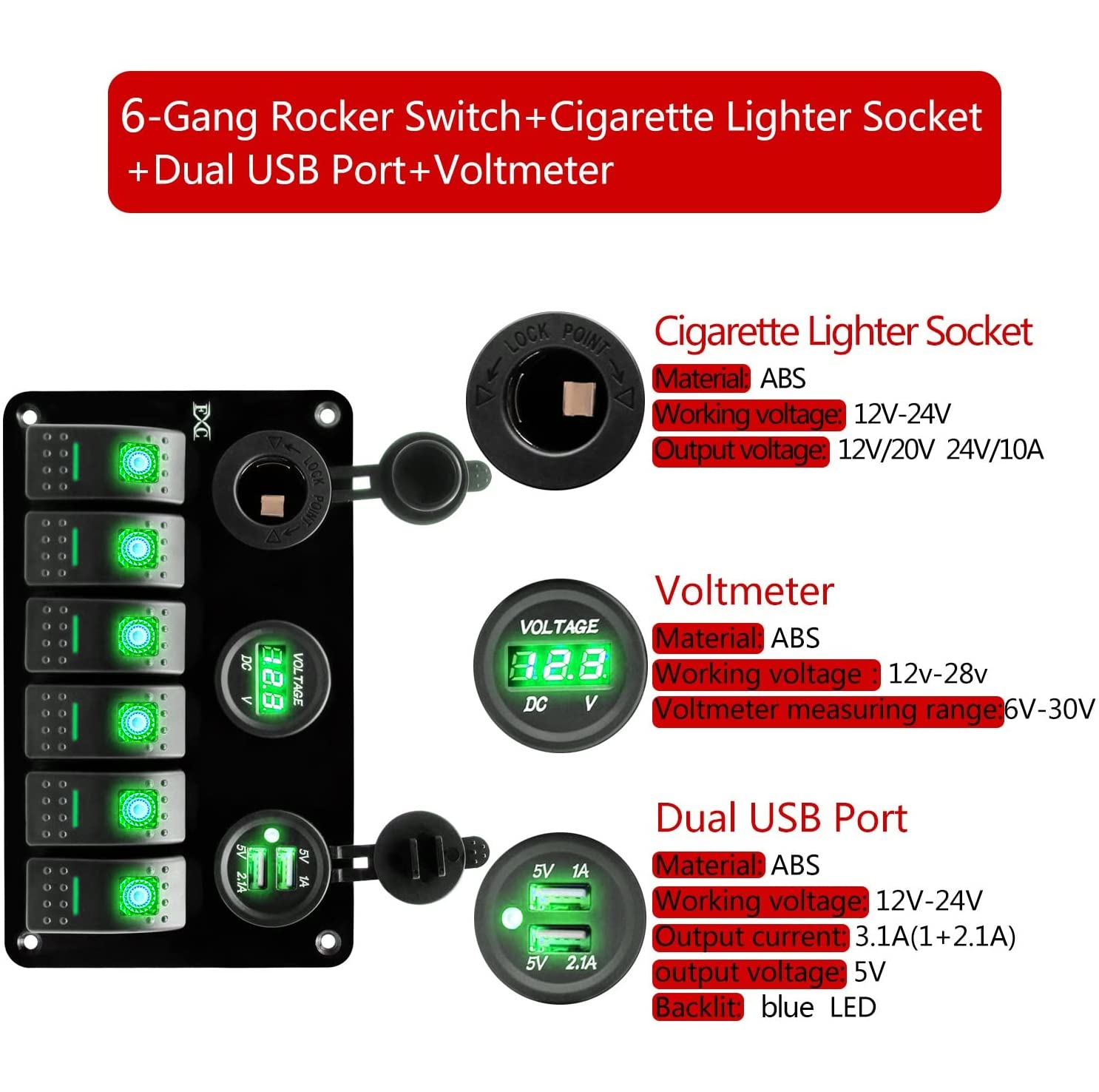 Snapklik.com : FXC 12 Volt Aluminum Marine Boat Rocker Switch Panel ...