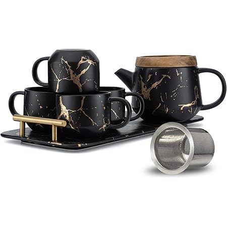 Amazon.com | Sunddo Black Marble Tea Service Set Ceramic Large Tea Pot ...