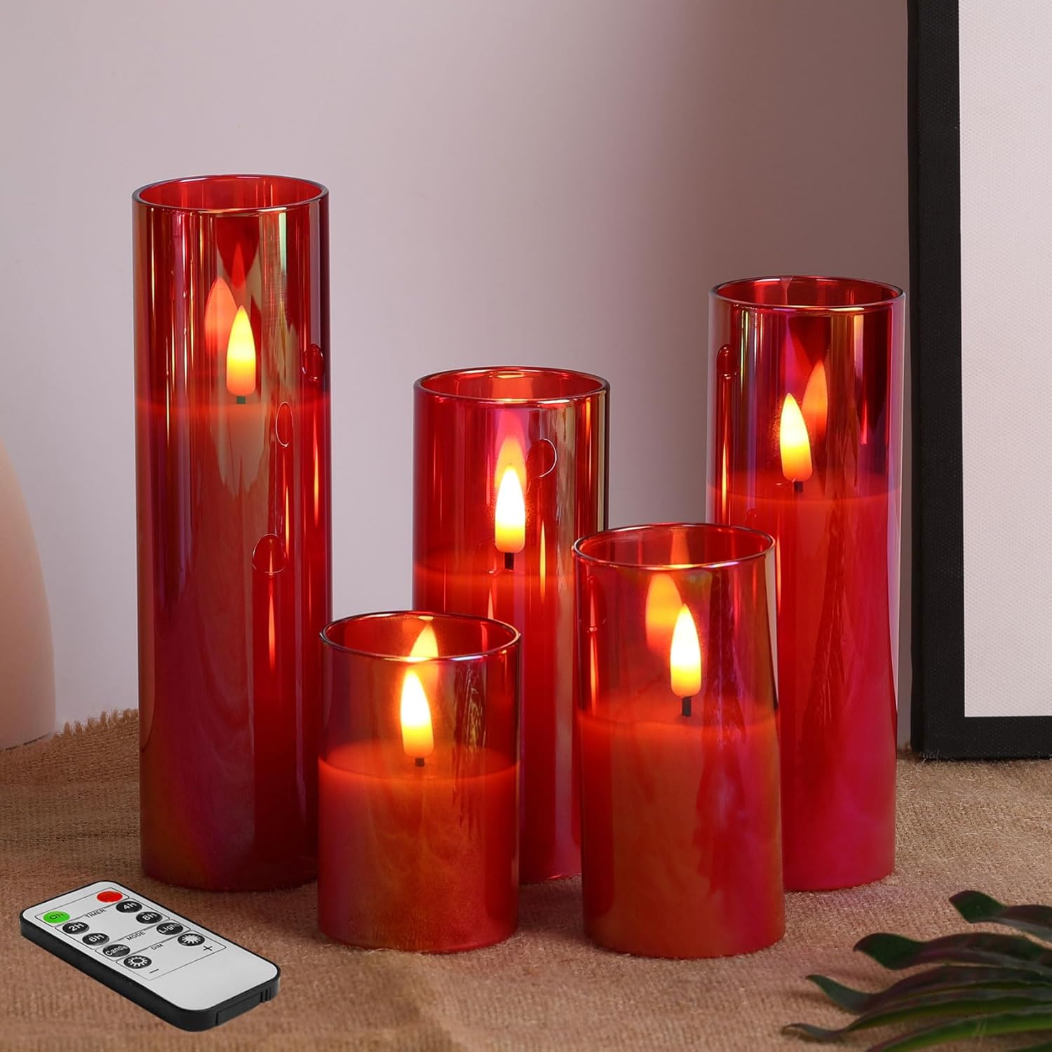 Eywamage Red Glass Flameless LED Candles with Remote Timer, Flickering ...