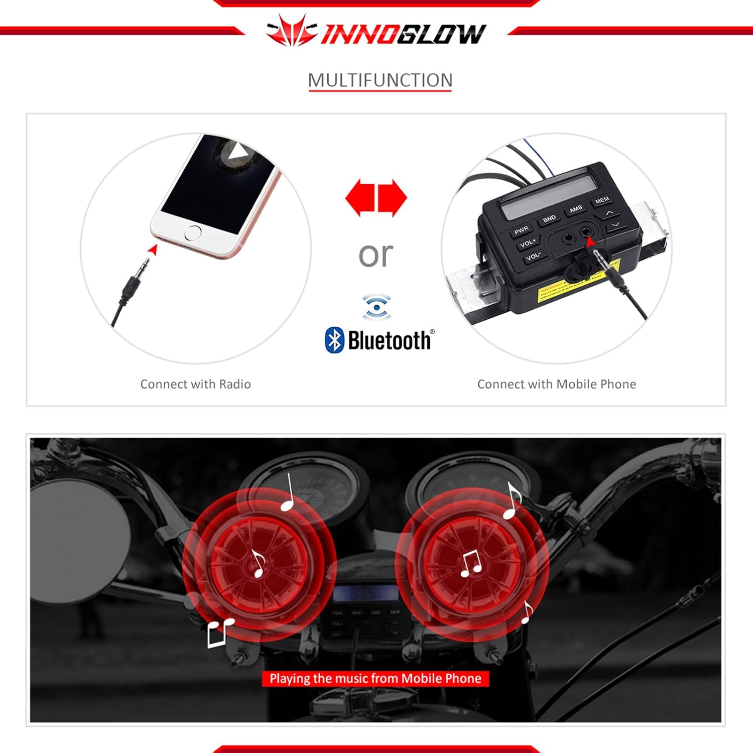 INNOGLOW Bluetooth Motorcycle Stereo Speakers Waterproof Handlebar ...