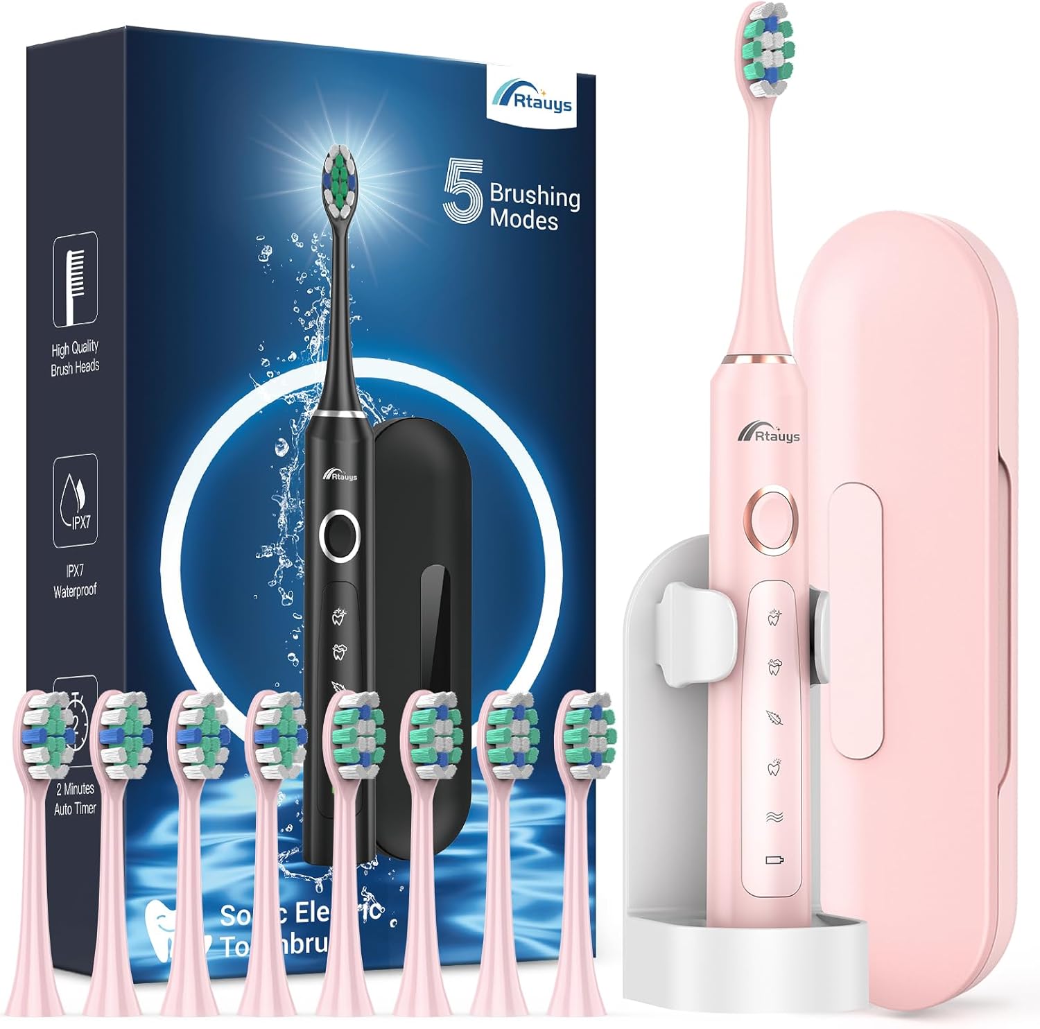Rtauys Sonic Electric Toothbrush for Adults and Kids - Rechargeable Ultrasonic Toothbush with 8 ...