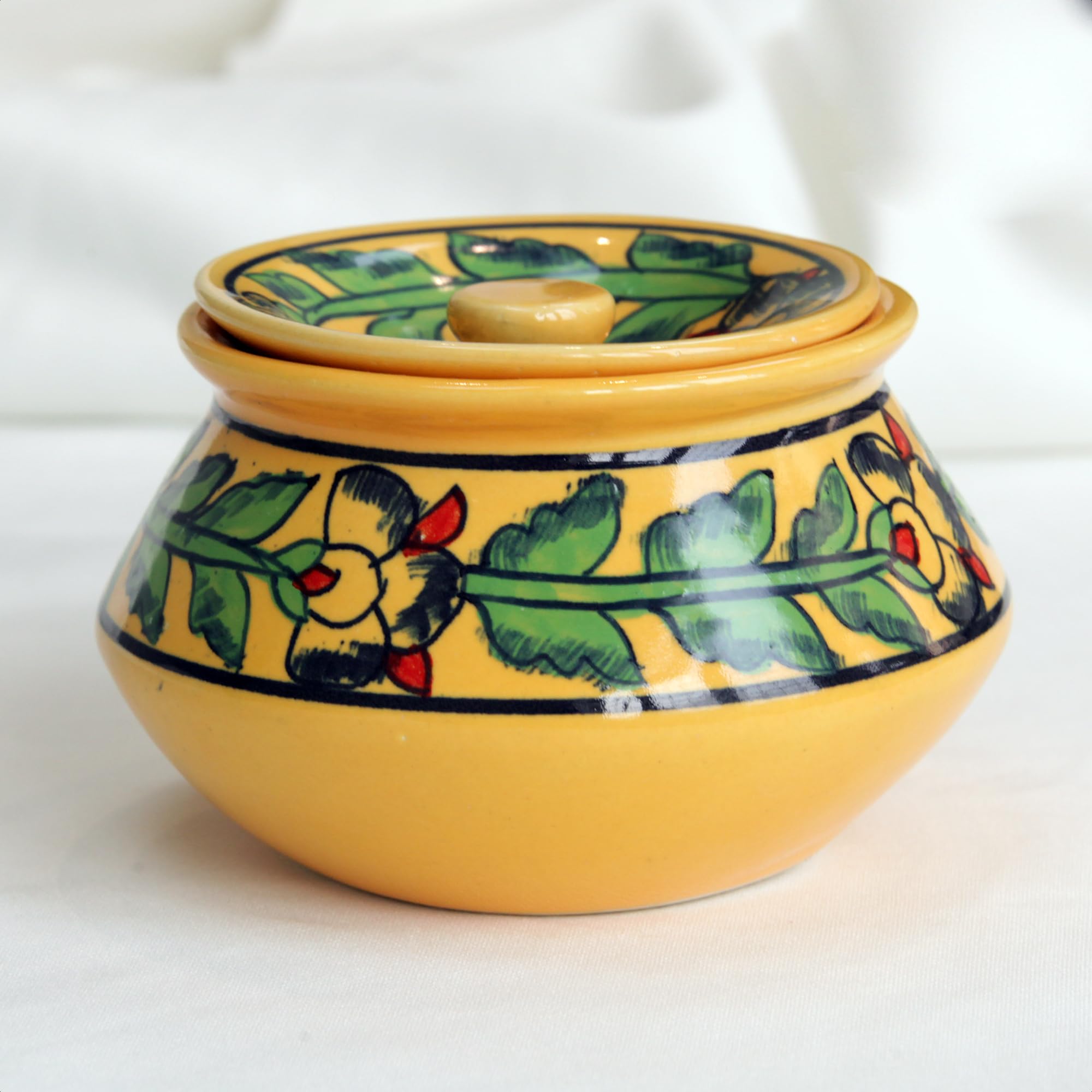 Buy KALAKRITI Ceramic Yellow Handi with Green Leafs Pattern Handi with Lid 500 ML, Dinner ...