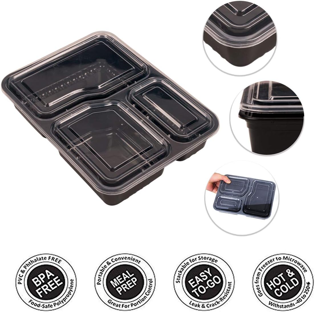 Buy 10 Pack] 3-Compartment Meal Prep Containers: 1000ML Reusable Meal ...
