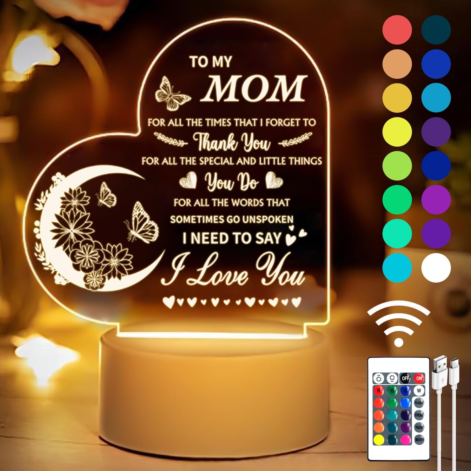 KISPATTI Gifts for Mom, 16 Colors Acrylic Engraved Night Light with ...