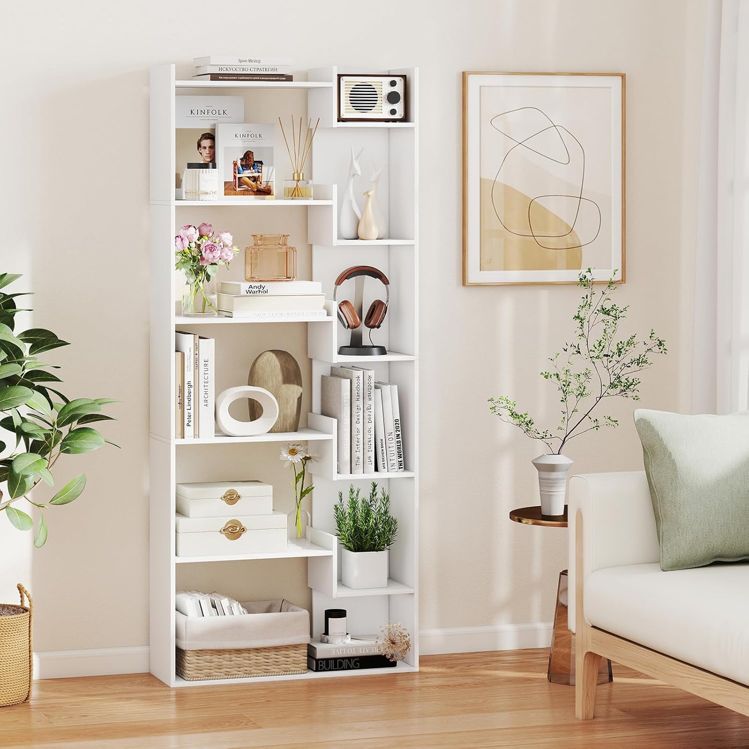 SILKYDRY 6 Tier Bookshelf, 64" Tall Bookcase with Staggered Shelves, 11 ...