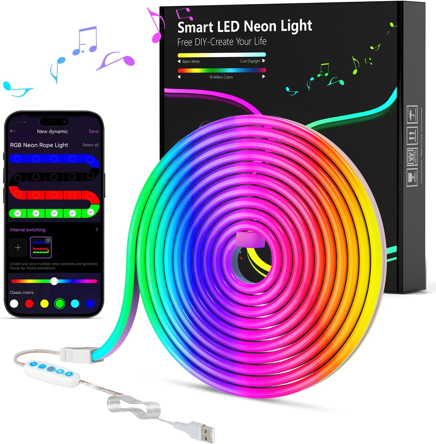 LED Neon Rope Lights – 9.8FT RGB Flexible Strip with APP Control, Music ...