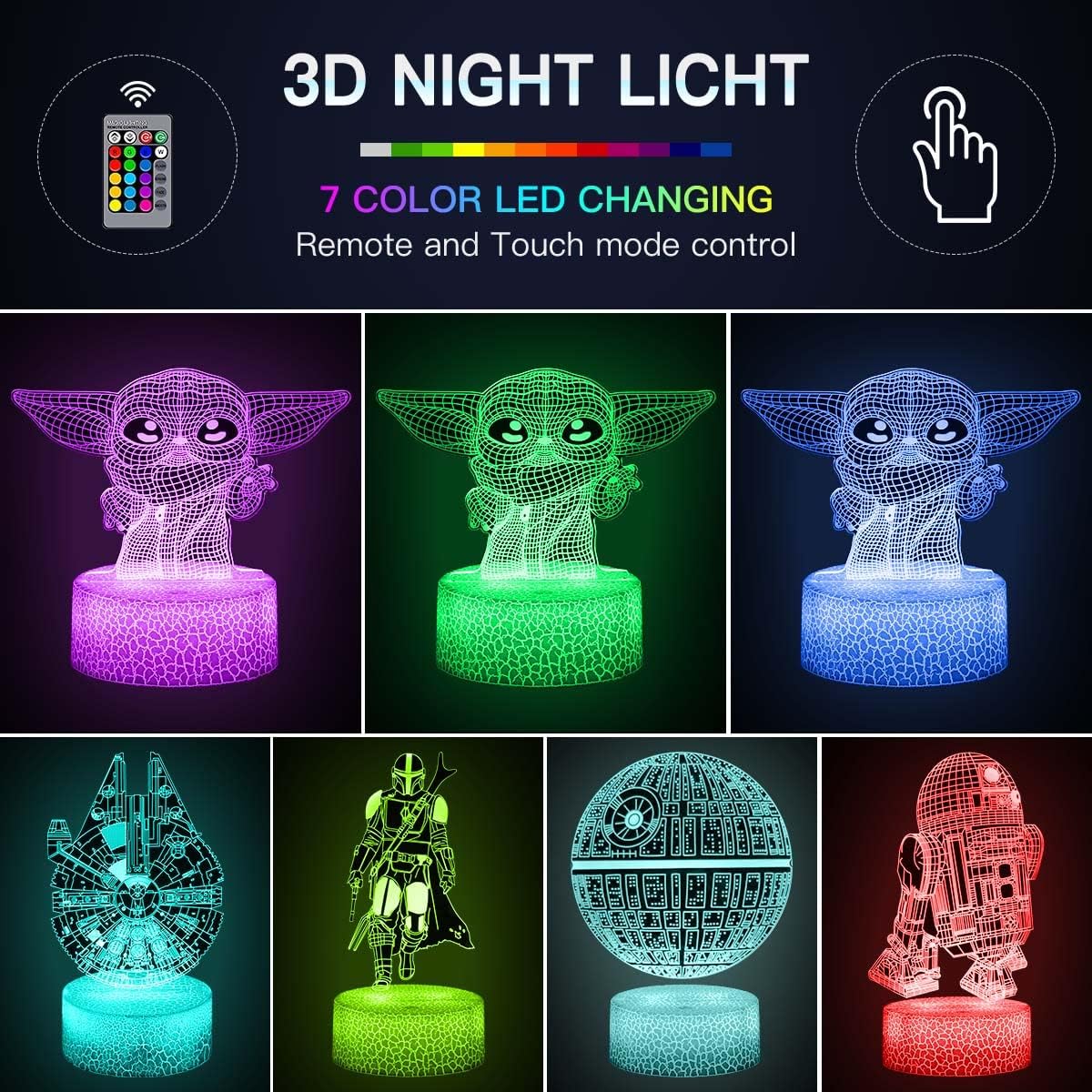 3D Yoda Star Wars Night Light for Kids 5 Pattern and 16 Color Remote ...