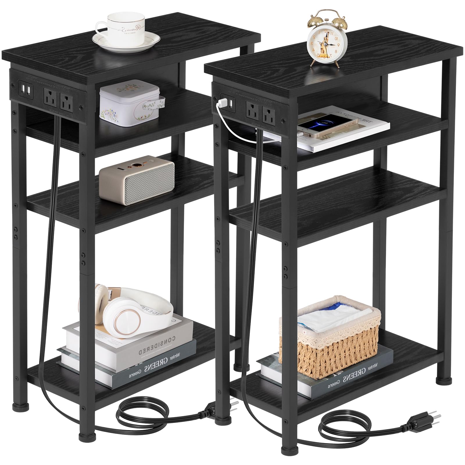 AMHANCIBLE Narrow Side Table with Charging Station, Set of 2, End Table ...