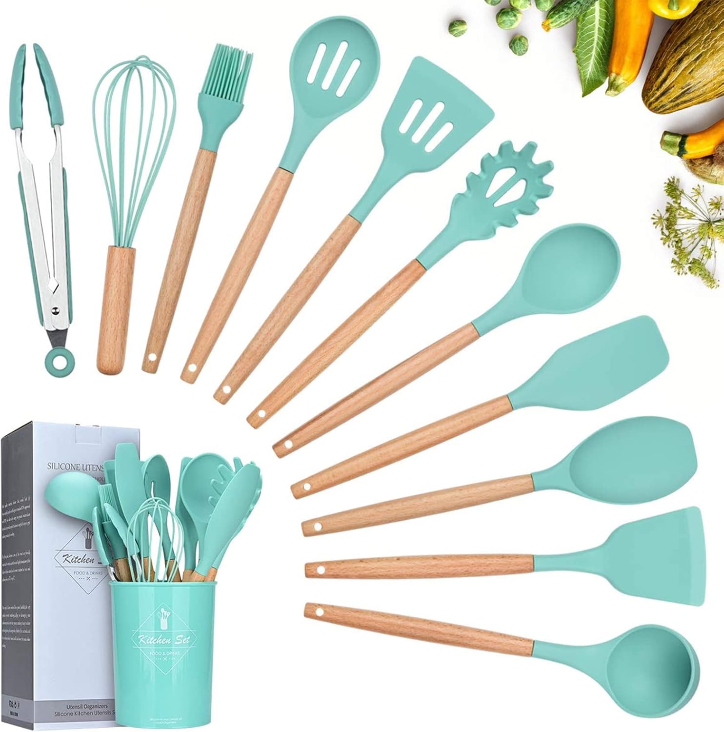 Lychee 12-Piece Kitchen Utensils Kit in Silicone and Wood, Non-Stick ...