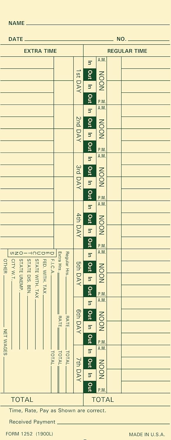 Amazon.com : 1900L Time Cards, Made in USA, 800-Count, Weekly, 1-Sided ...