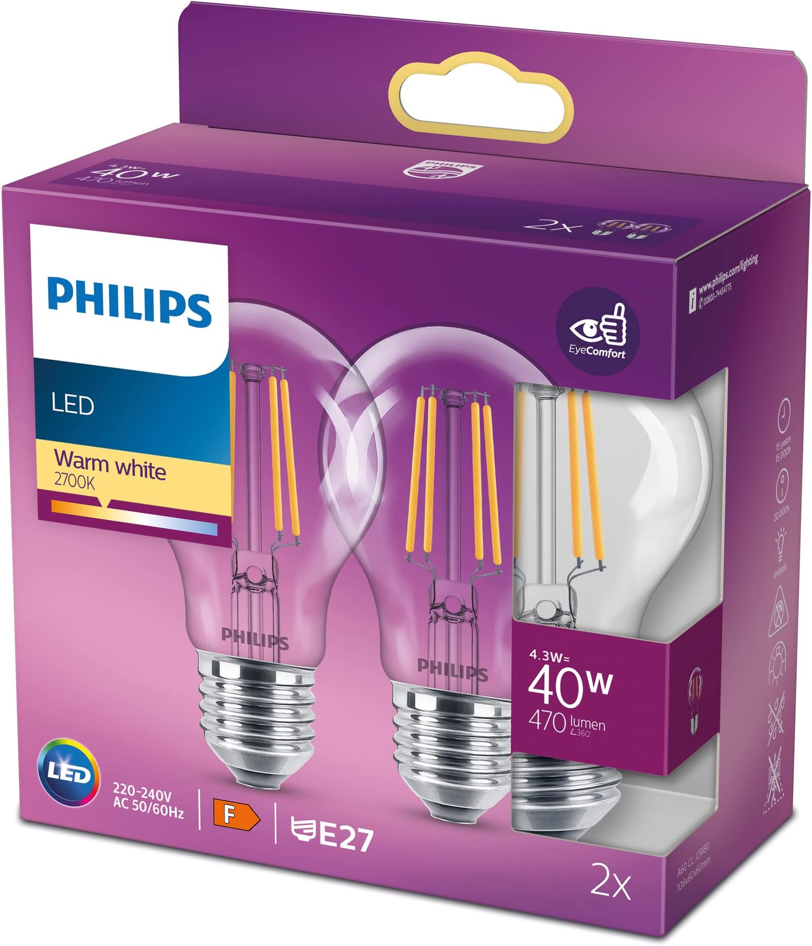 Philips LED Classic A60 Light Bulb 2 Pack [E27 Edison Screw] 4.3 - 40W ...