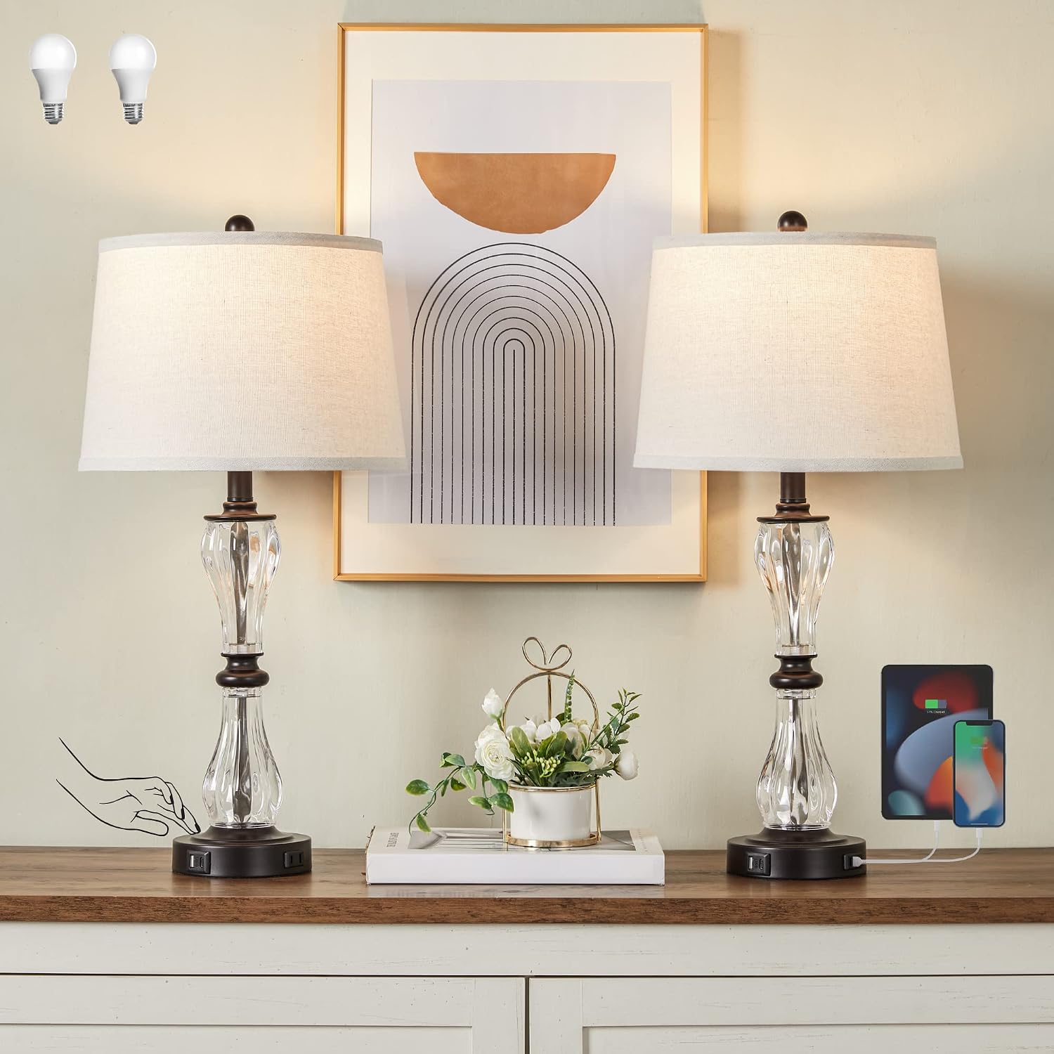 KAWOTI 3-Way Touch Control Table Lamp Set of 2 Modern Glass Bedside ...