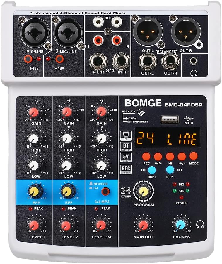 BOMGE-04F 4 channel dj audio sound mixer with MP3/USB Bluetooth, stereo record/48V /24 DSP Echo ...