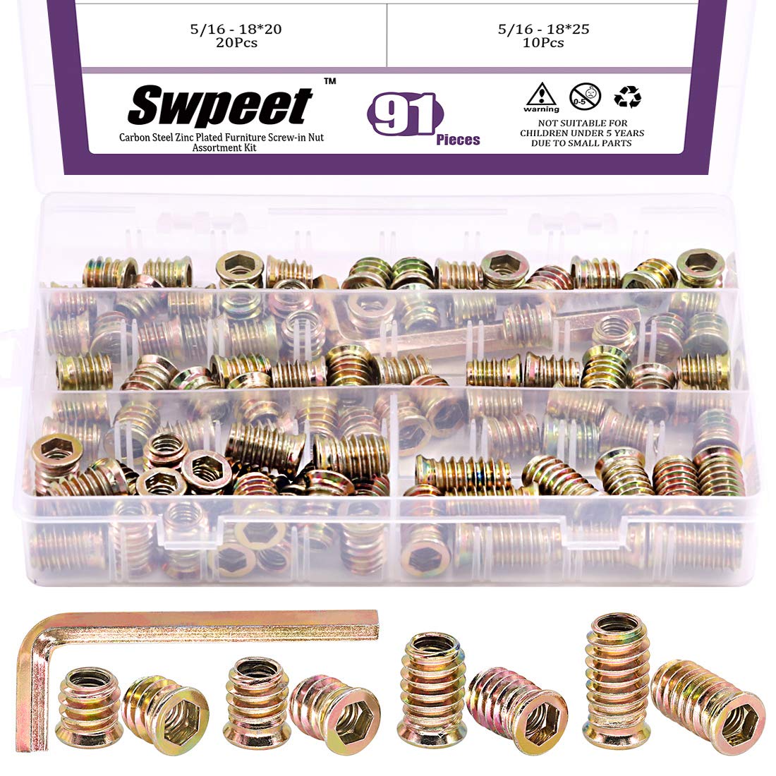 91Pcs 5/16"-18 x 12mm/15mm/20mm/25mm Carbon Steel Color Zinc Plated ...