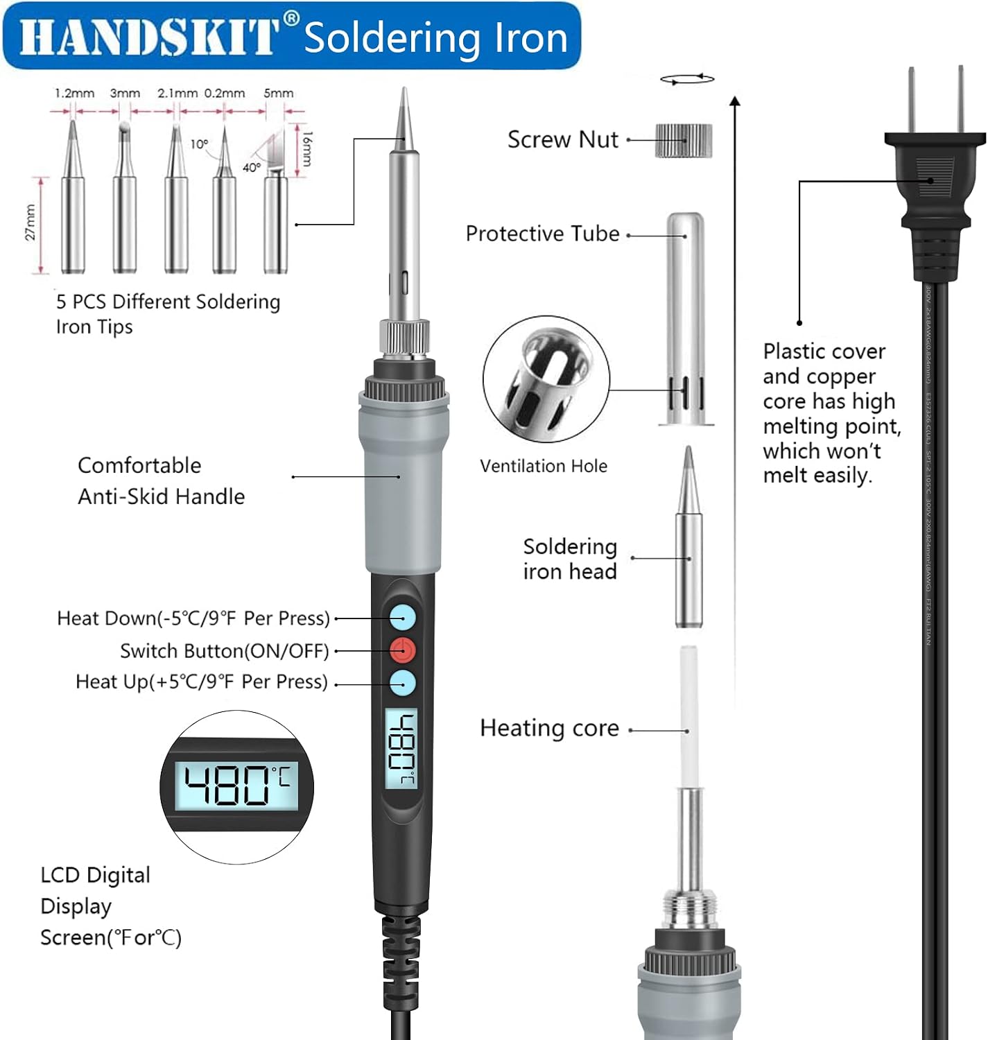 Buy Solder Iron Kit,HANDSKIT Soldeirng Iron Kit Temperature Adjustable ...