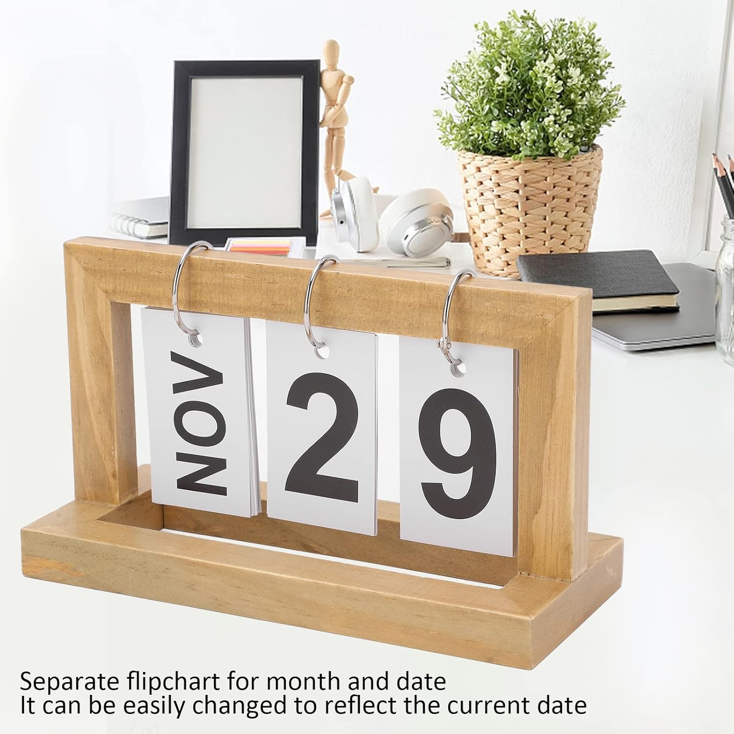 Wooden Perpetual Desk Calendar, Reusable Flip Chart Month Date Display ...