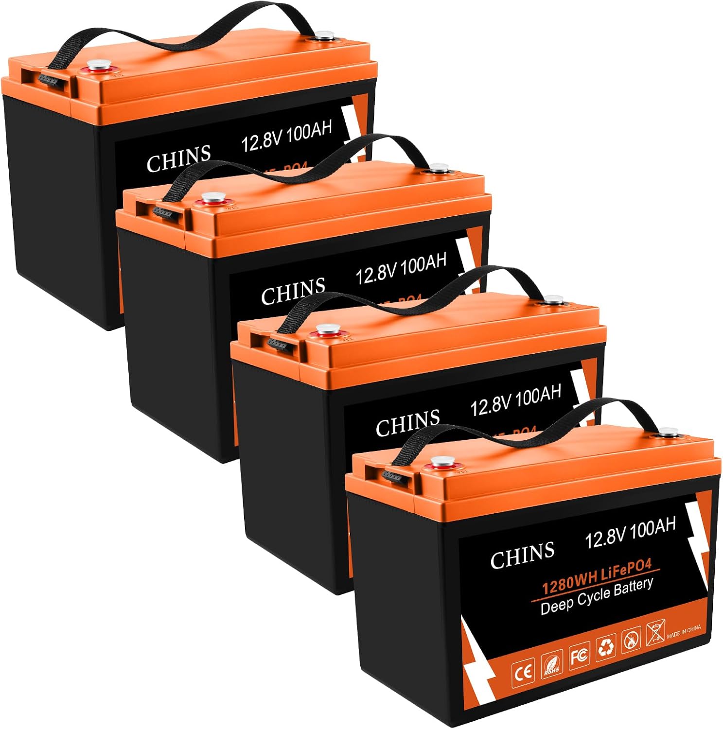 Amazon.com: CHINS 4Pack 12.8V 100Ah Bluetooth LiFePO4 Smart Lithium ...