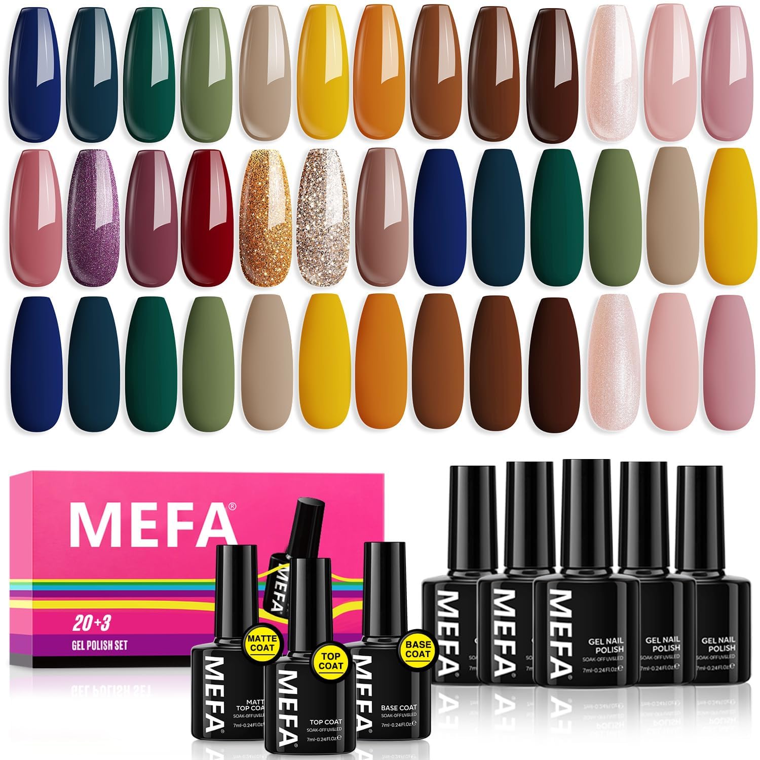 MEFA 23 Pcs Gel Nail Polish Set, 20 Colors Fall Gel Nail Polish Kit ...