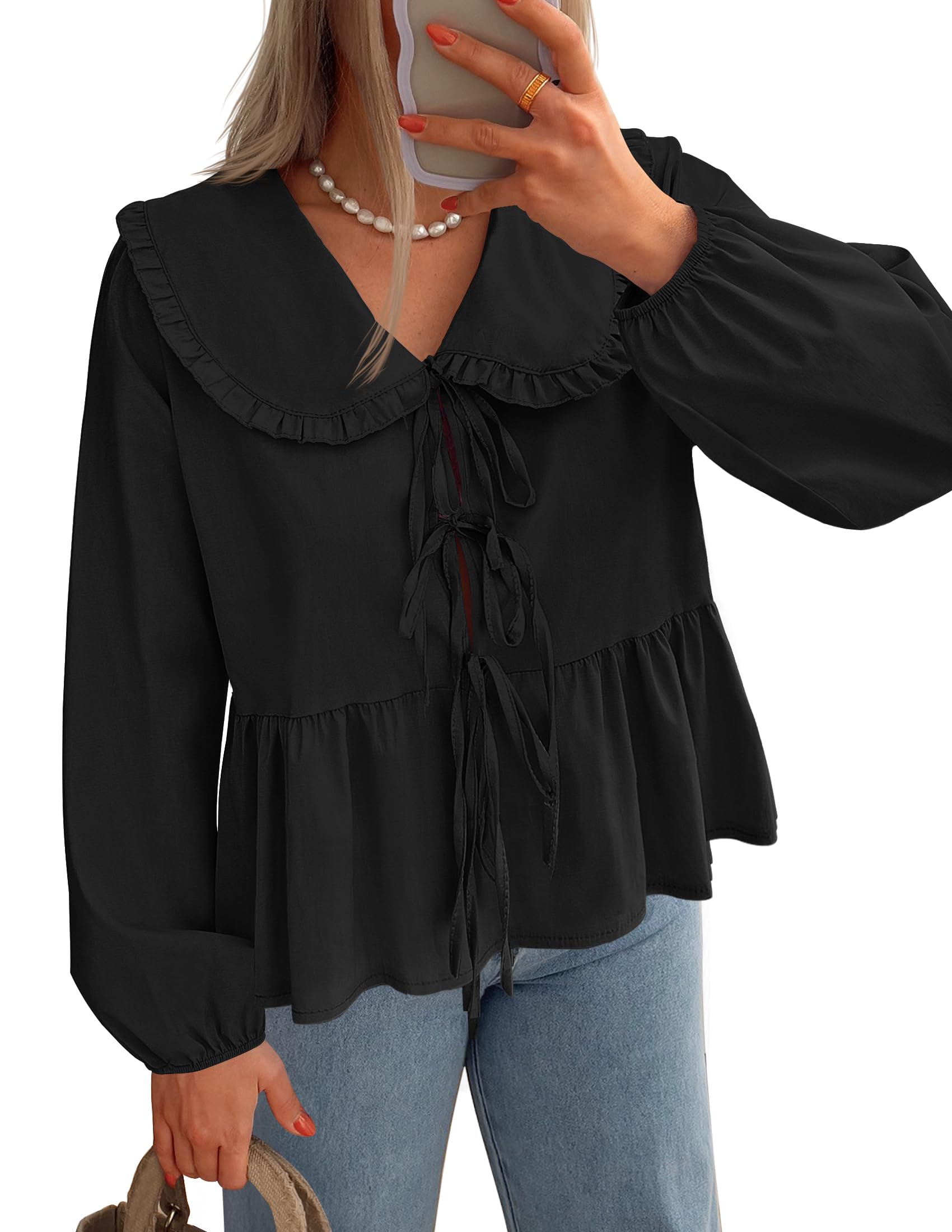 ZESICA Women's Tie Front Peplum Tops Long Puff Sleeve Lapel Collar Cute ...