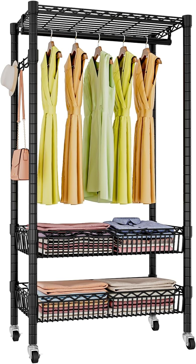KZOBYD Clothes Rails with Wheels, Heavy Duty Clothing Rail Garment Rack ...