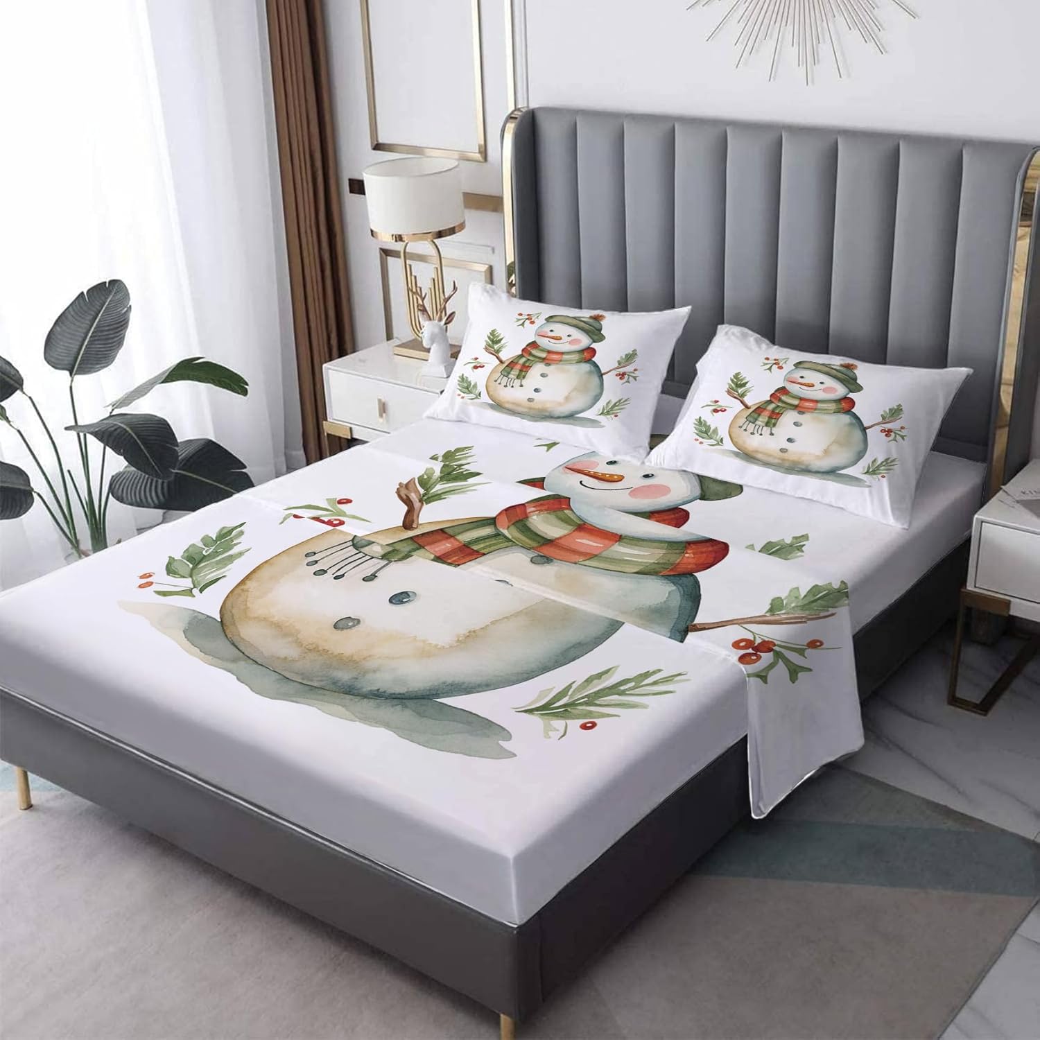 Amazon.com: MPNVYU Snowman Sheets Queen Sheet Set, Christmas Bed Sheets ...