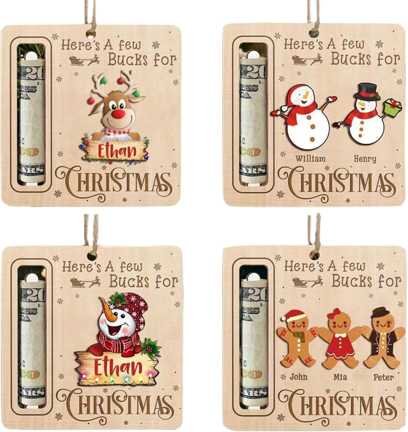 4Pcs Cute Christmas Money Holders, Wooden Christmas Ornaments, Hanging ...