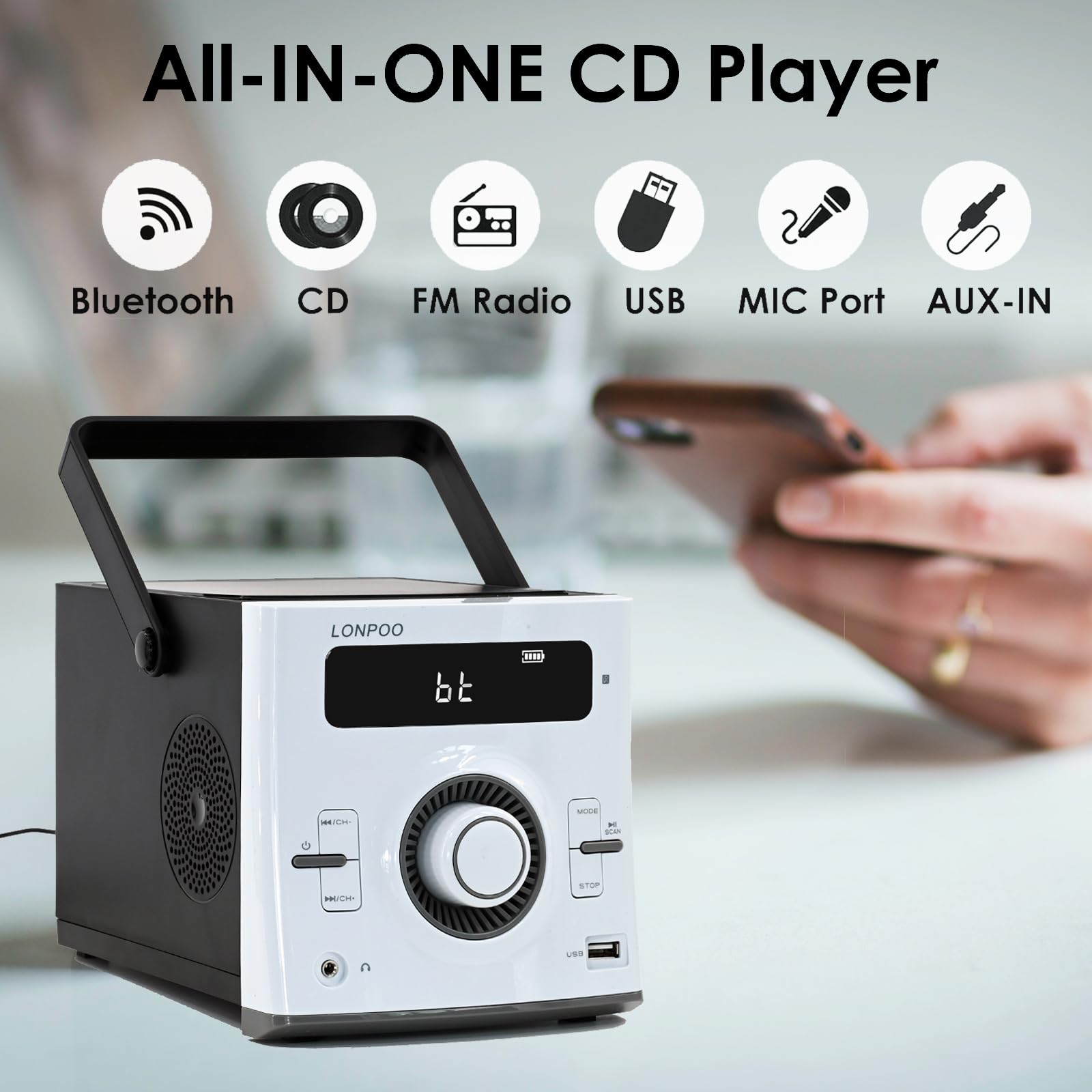 Snapklik.com : LONPOO Portable CD Player Boombox 2x10W FM Radios/Radio ...