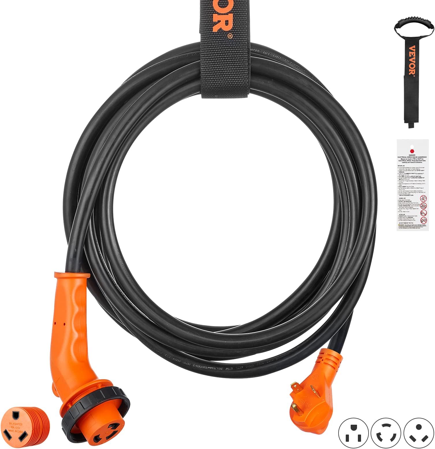 VEVOR 25 Feet RV Power Cord, 30 Amp, Heavy Duty STW 3 * 10AWG Generator ...