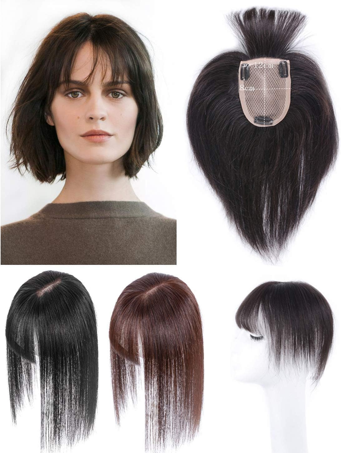 3D Fringe Human Hair Topper Clip in Full Hand Made Middle Part Forehead ...