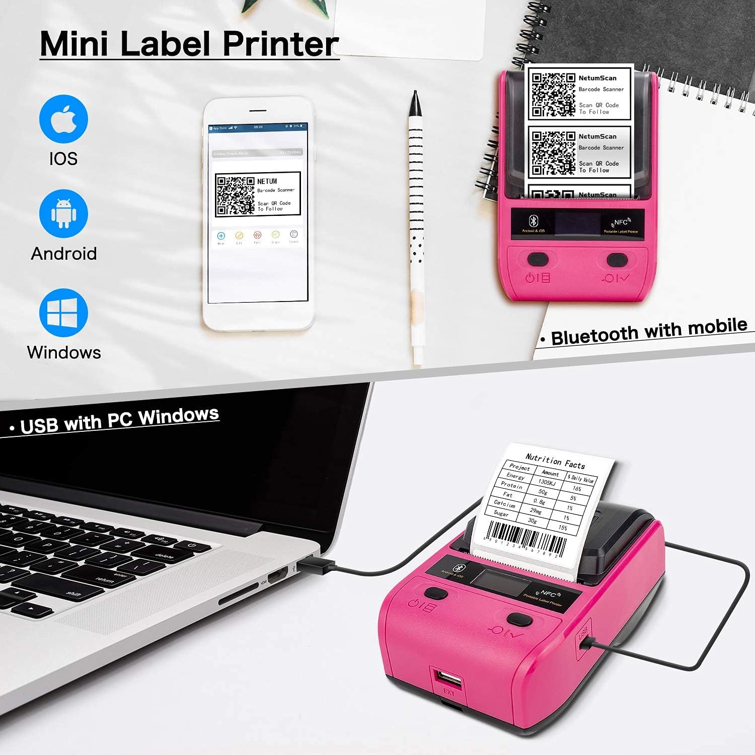 NetumScan Wireless Barcode Scanner with Stand & Label Maker Portable ...