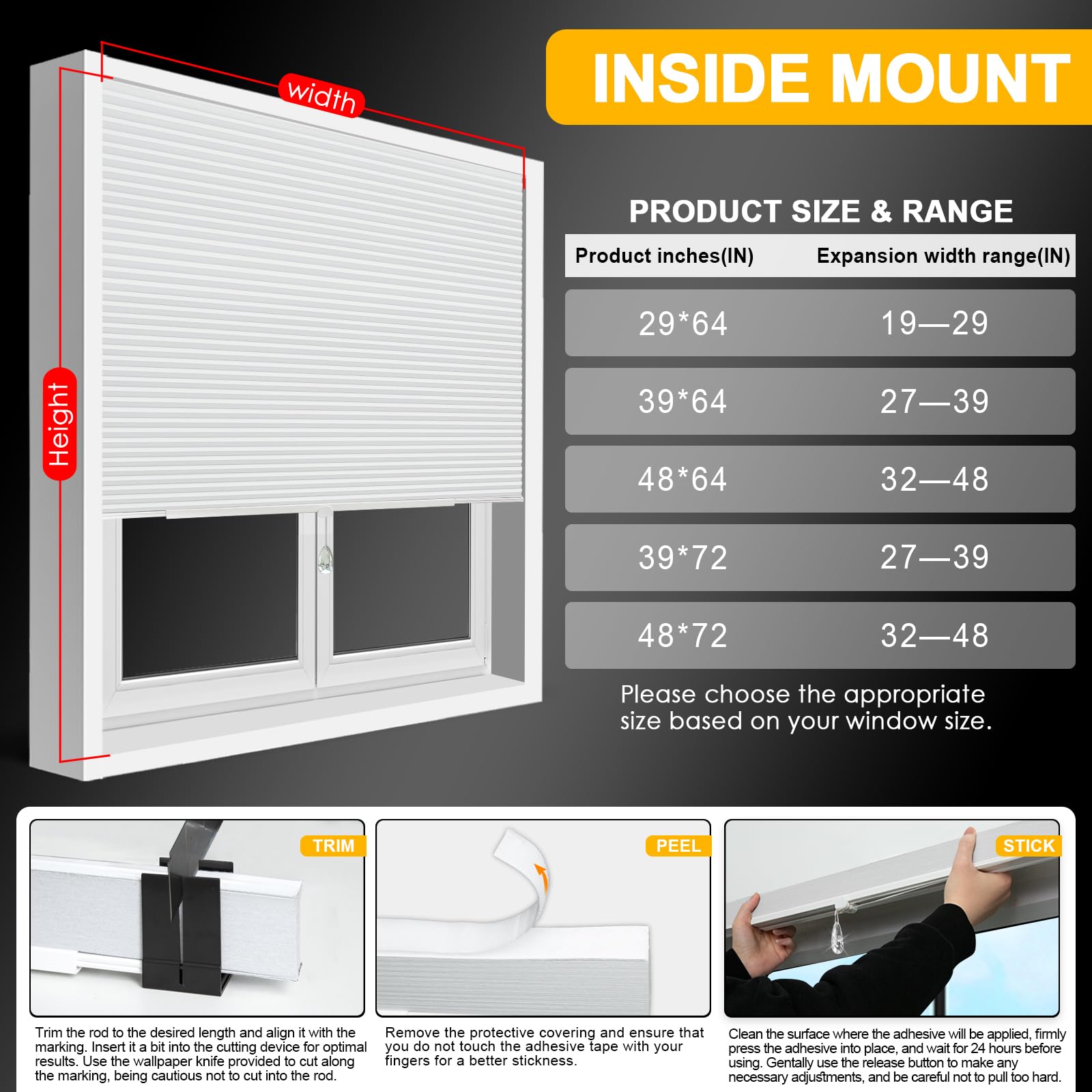 CINONEKO No Tools No Drill Blackout Cellular Shades Trimmable Retractable Adjustable Sliding ...