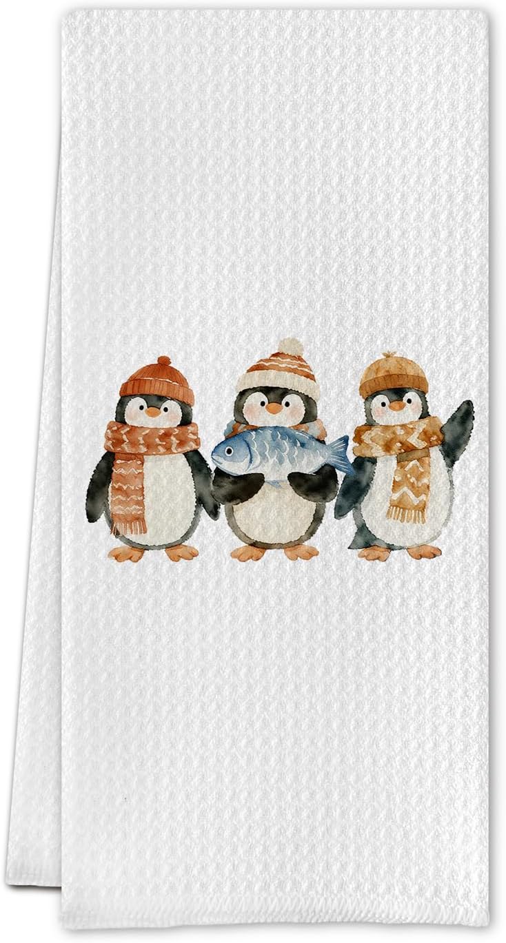 Amazon.com: SereneHanctuary Winter Penguin Fish Kitchen Towels, Gifts ...