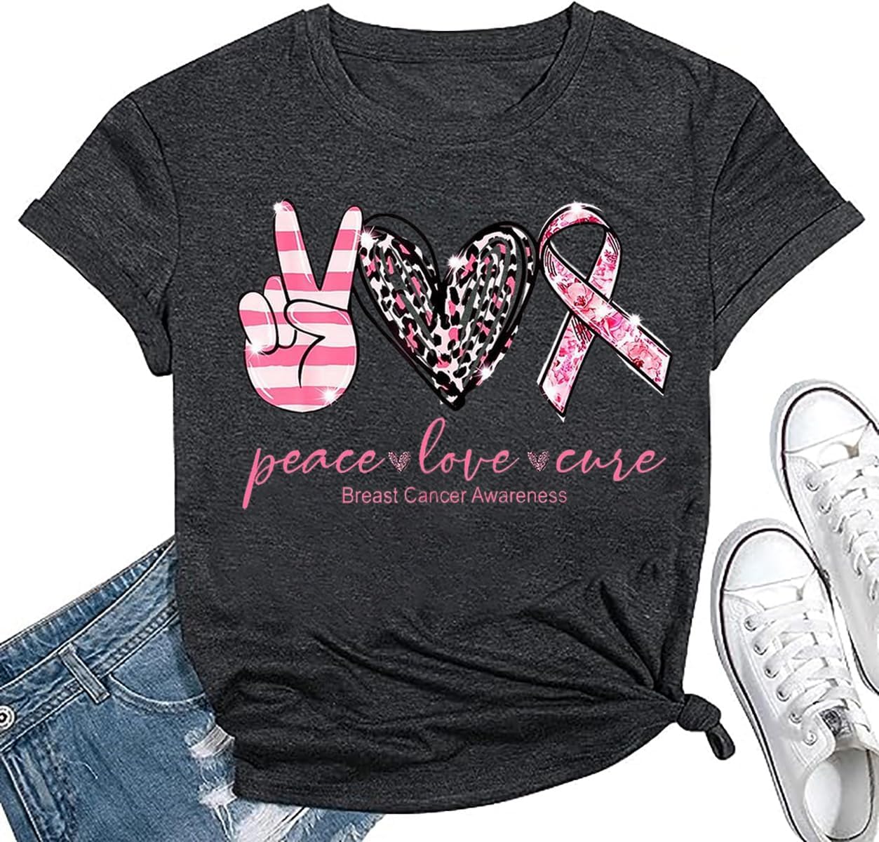 Breast Cancer Awareness Shirts Women Pink Ribbon T-Shirts Cancer Fighter Leopard Heart Graphic ...