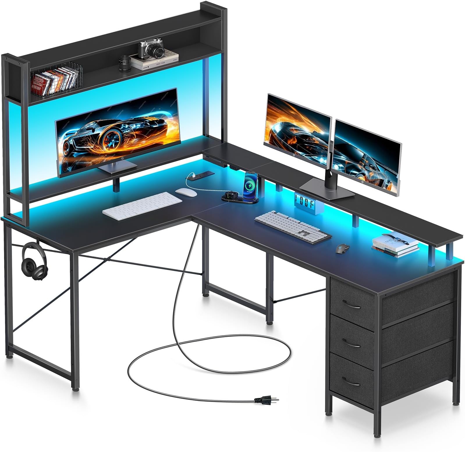 Amazon.com: Seventable L Shaped Gaming Desk with LED Lights & Power ...