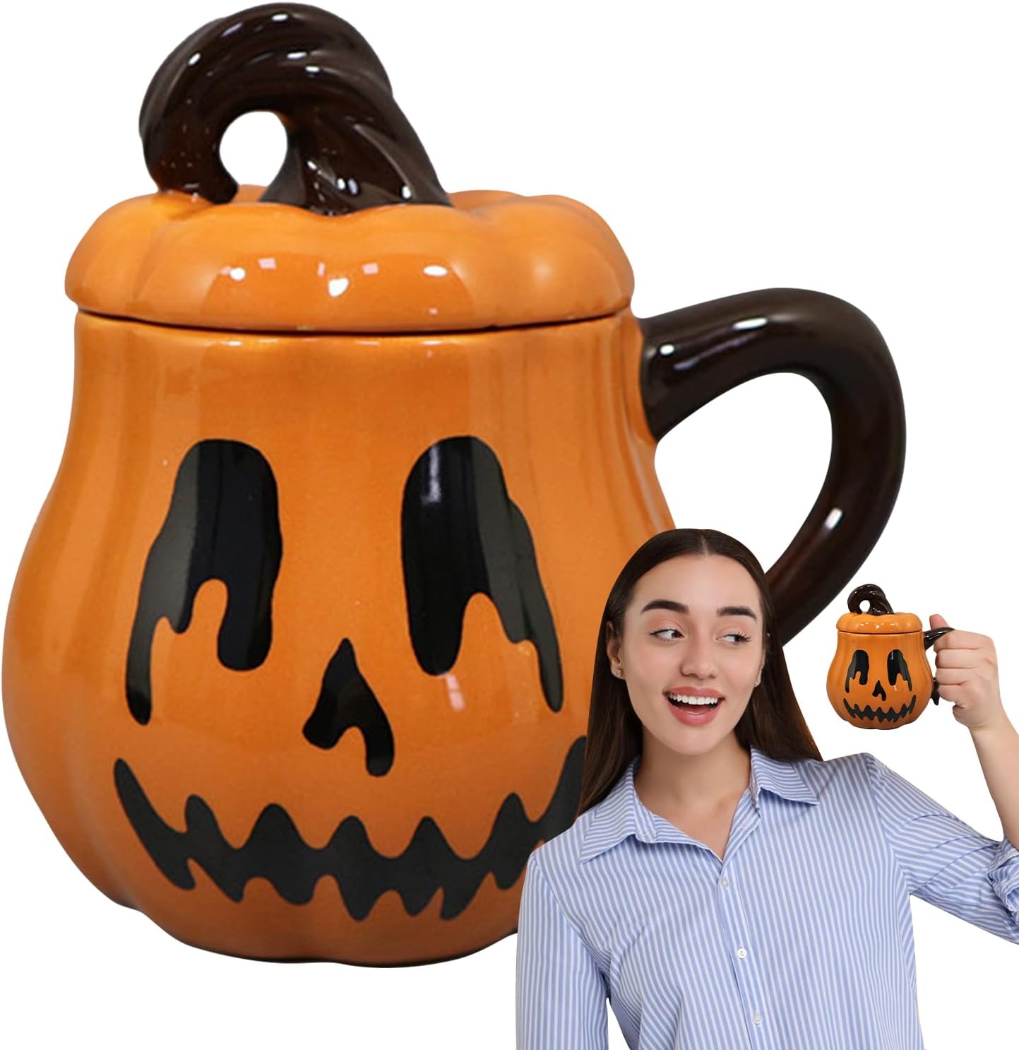 Amazon.com: Pumpkin Mug with Lid – Ceramic Coffee Cup with Handle for ...