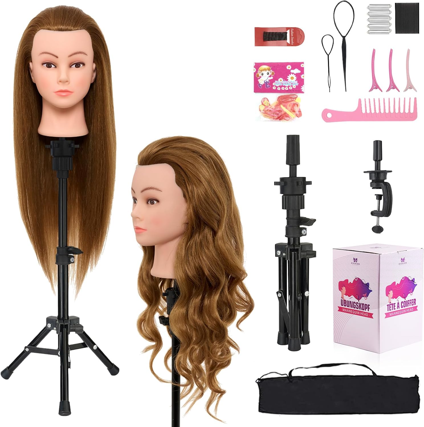 Neverland 26"-28" Hairdressing Head Training Head with Stand, 60% Human ...