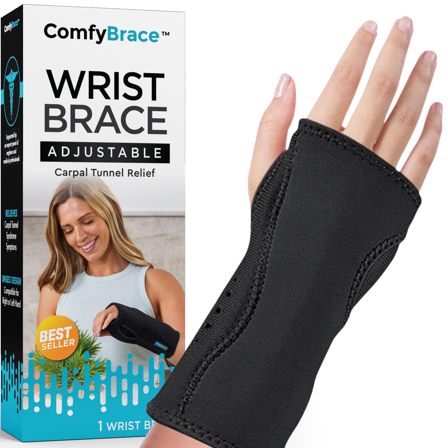 ComfyBrace Night Wrist Sleep Support Brace- Fits Both Hands - Cushioned ...