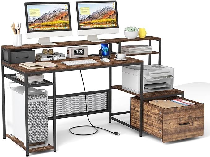 Giantex 170cm Computer Desk with Monitor Stand & File Drawer, Large ...