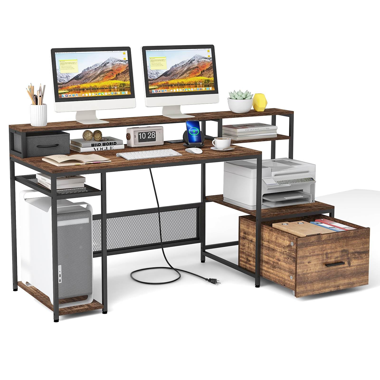 Giantex 170cm Computer Desk with Monitor Stand & File Drawer, Large ...