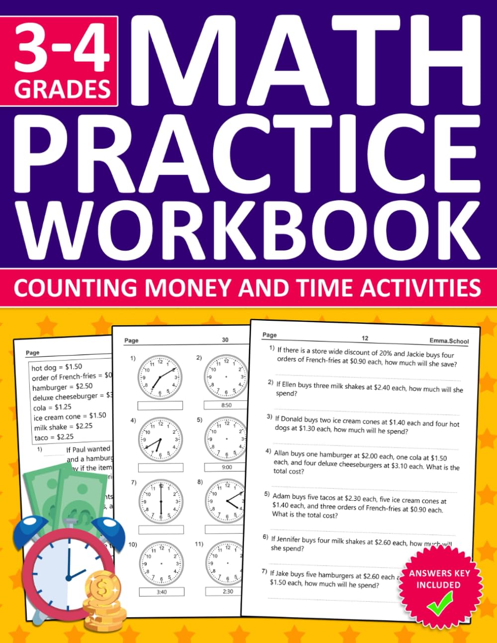 Math Workbook For Grades 3-4 with Counting Money and Time Activities ...